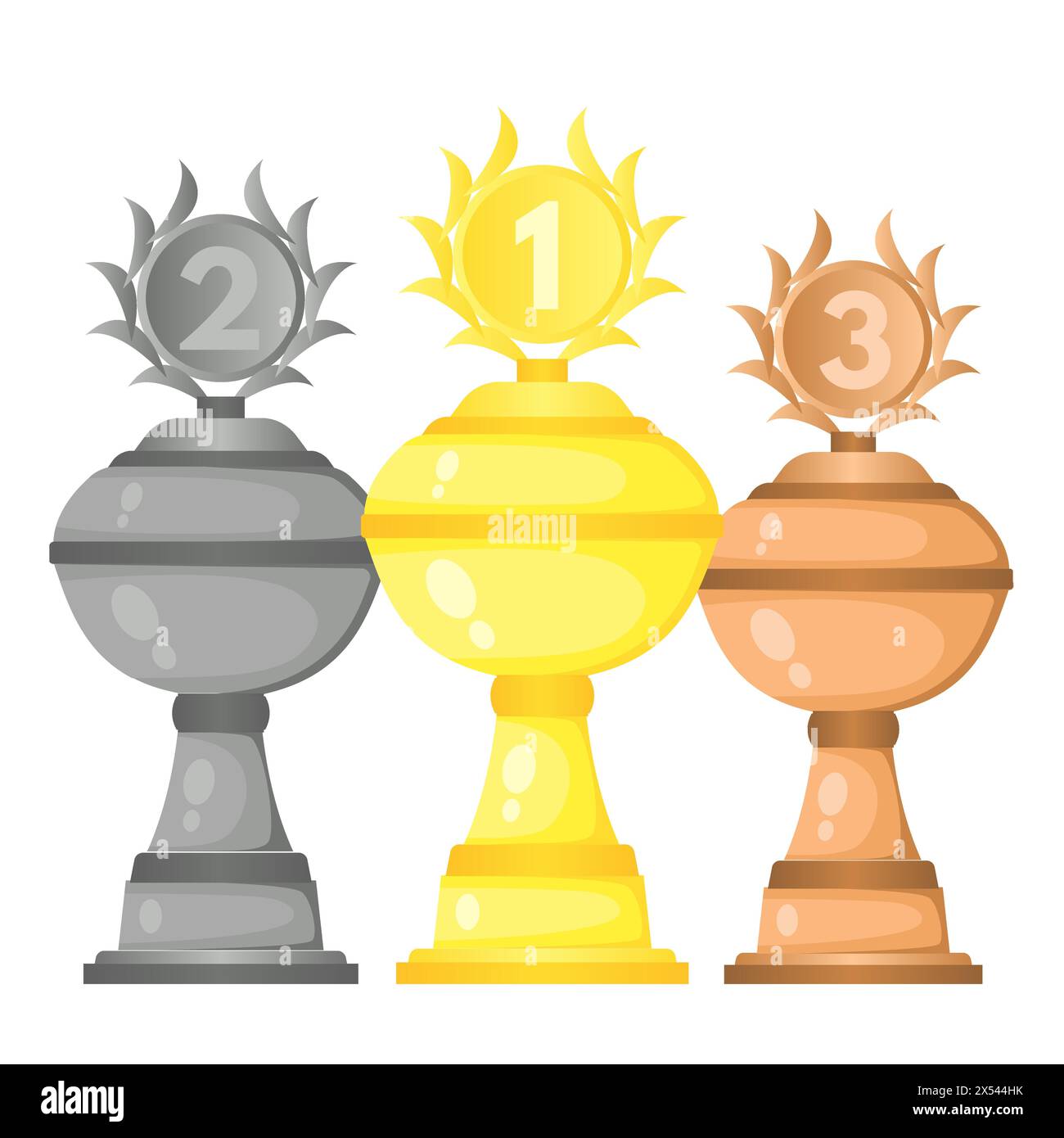 Set of vector trophy champion cups in gold, silver and bronze. Championship prizes for first ...