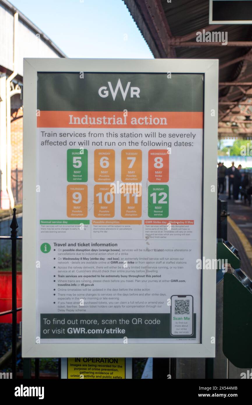 Windsor, UK. 7th May, 2024. A GWR customer notice at Windsor Central ...