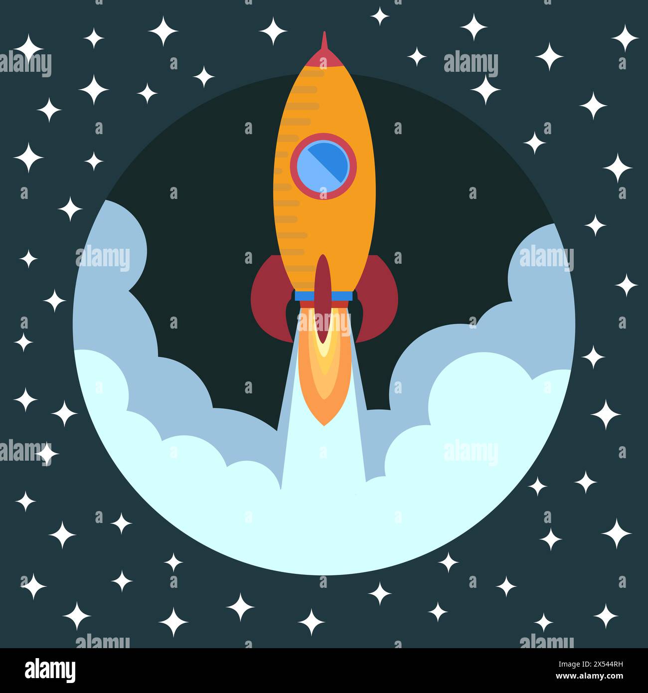 Space rocket ship in round piece. Space rocket launch. Project startup ...