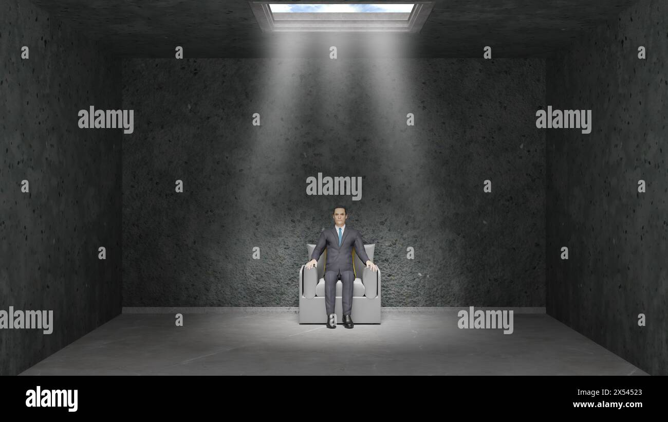 Alone man in armchair in deserted and empty room. Window light ...