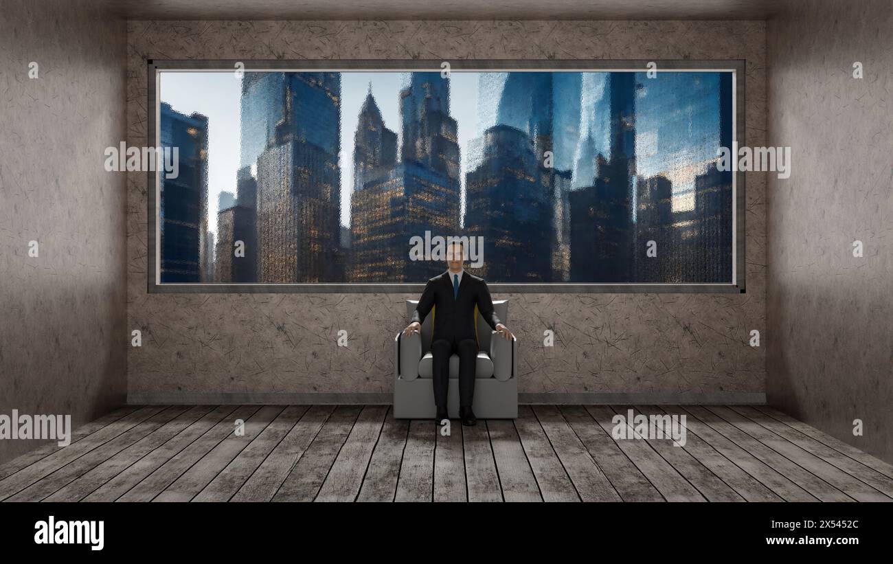 Single man, alone in an armchair in an empty room with a window on the ...