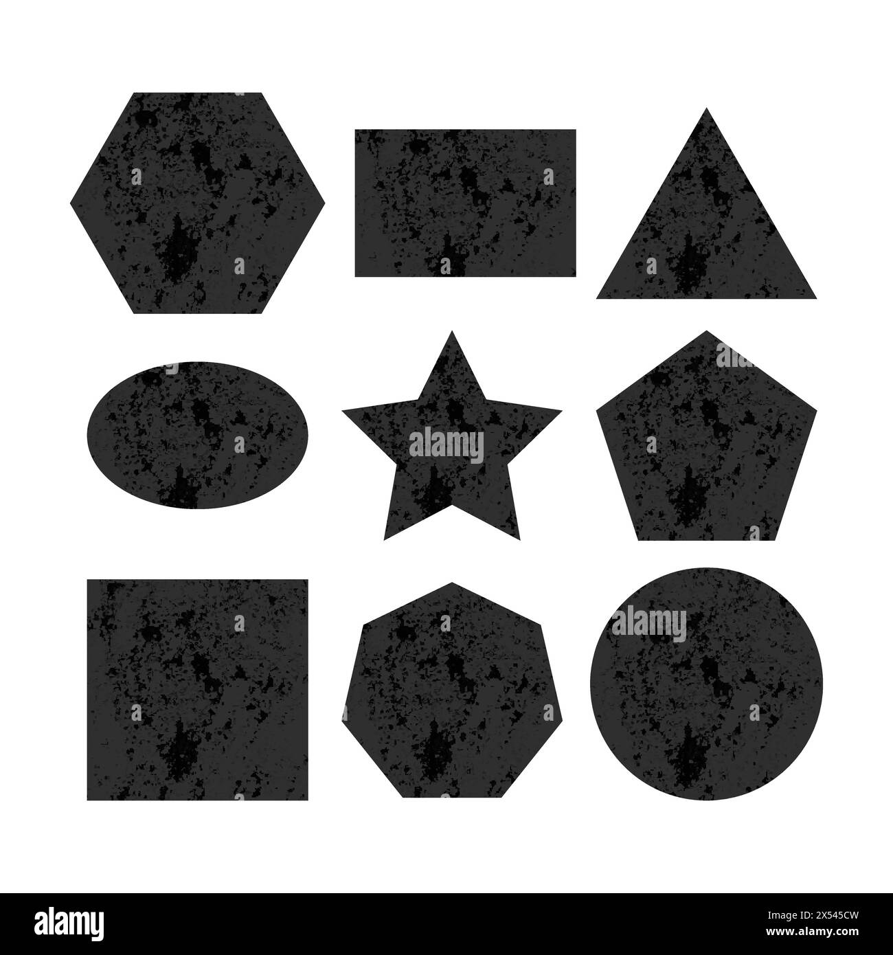 Scratched geometric figures. Set of nine Dark figures with distressed ...