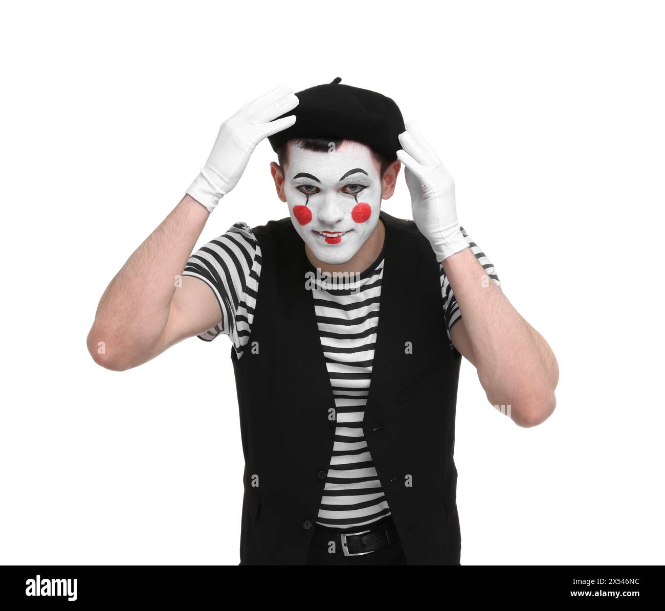 Funny mime artist in beret posing on white background Stock Photo - Alamy