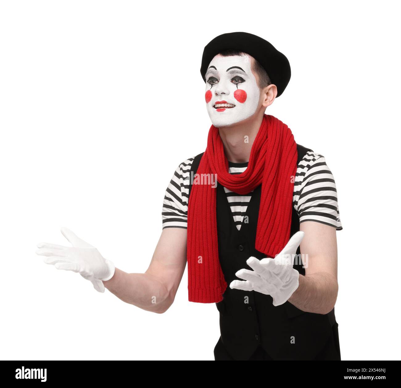 Funny mime artist in beret posing on white background Stock Photo - Alamy