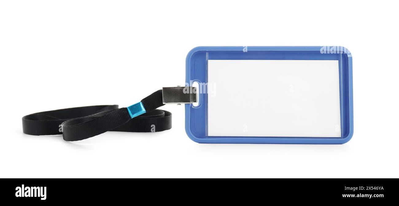 Blank blue badge with string isolated on white Stock Photo - Alamy