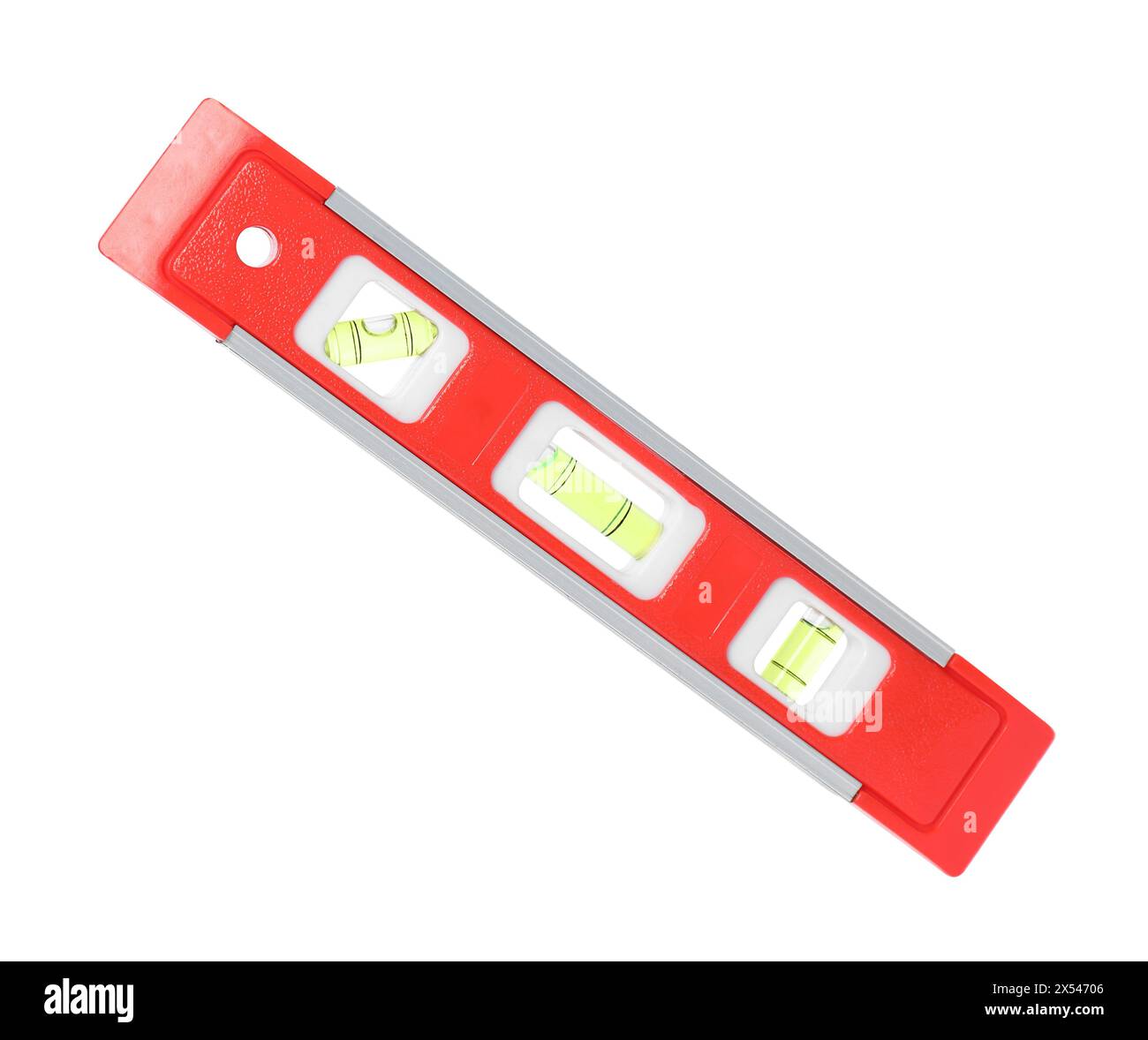 Red building level isolated on white. Construction tool Stock Photo - Alamy