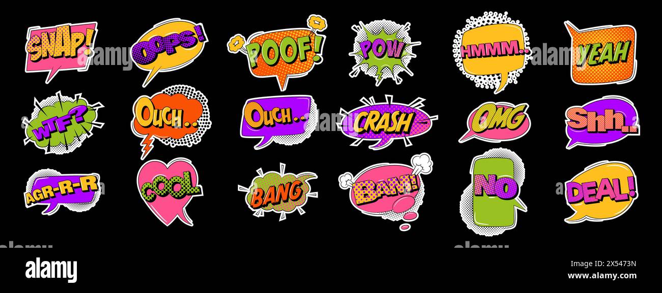 Cartoon explosions comical speech bubbles in trendy retro style. Collection of pop art stickers ...