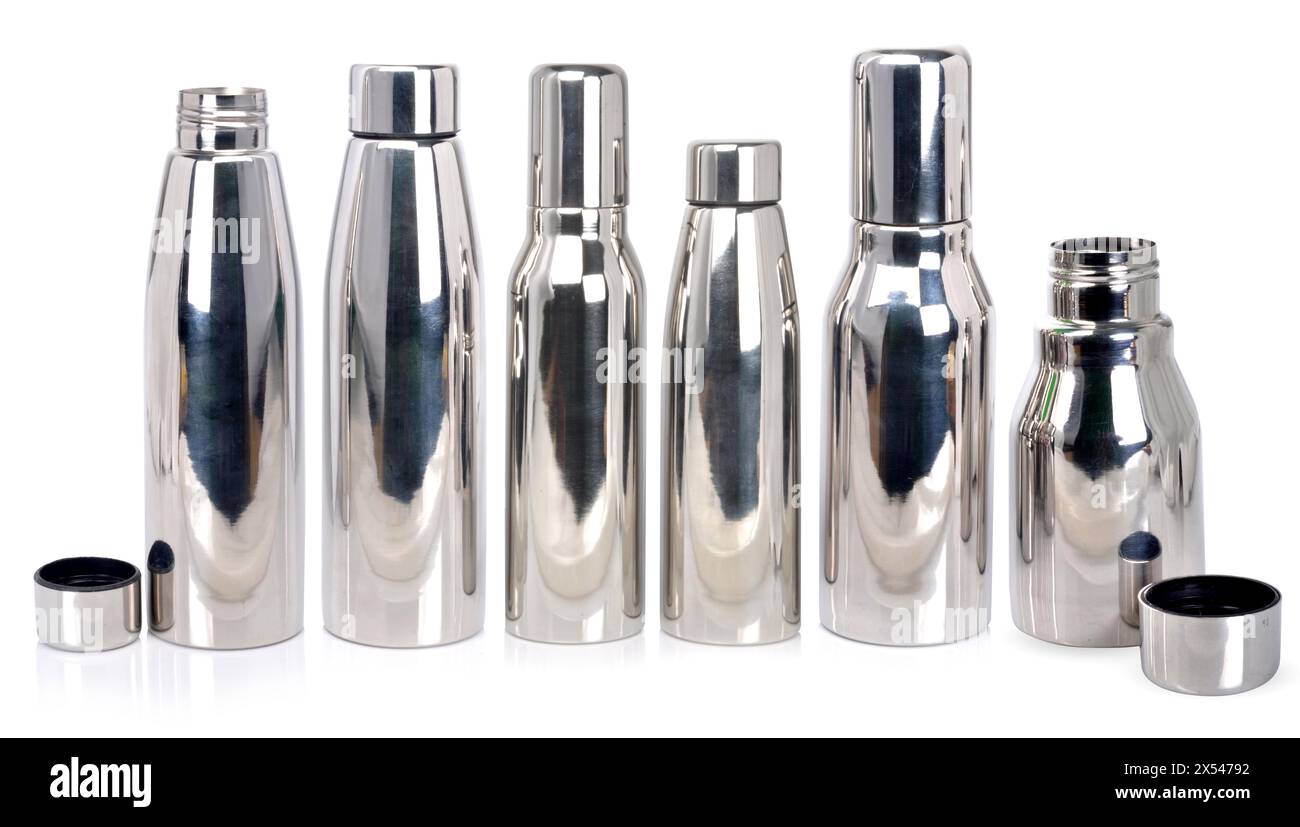 Camera shot on stainless steel bottles with isolated background Stock ...