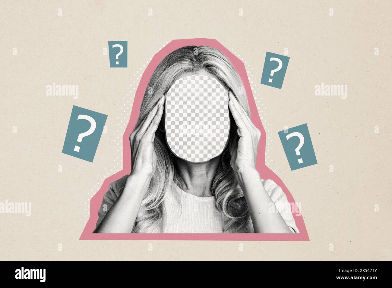 Composite photo collage of blurred anonym blonde girl sit hold head ...