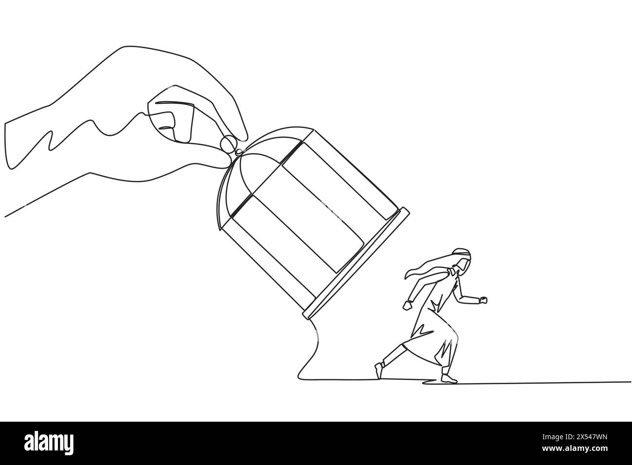 Continuous one line drawing big hand holding iron cage, catch Arab ...