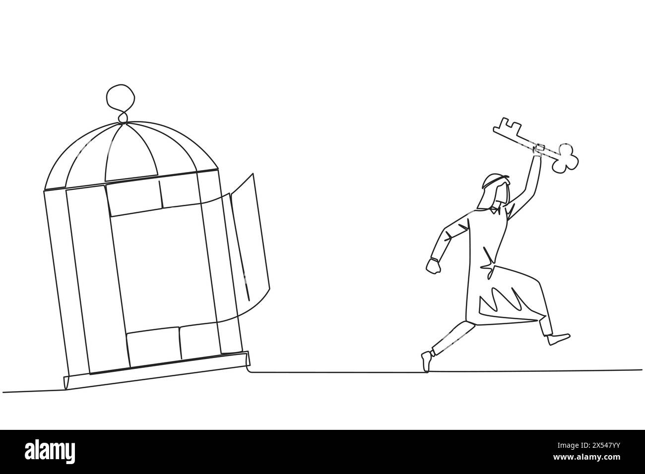 Continuous one line drawing Arab businessman running out of cage ...
