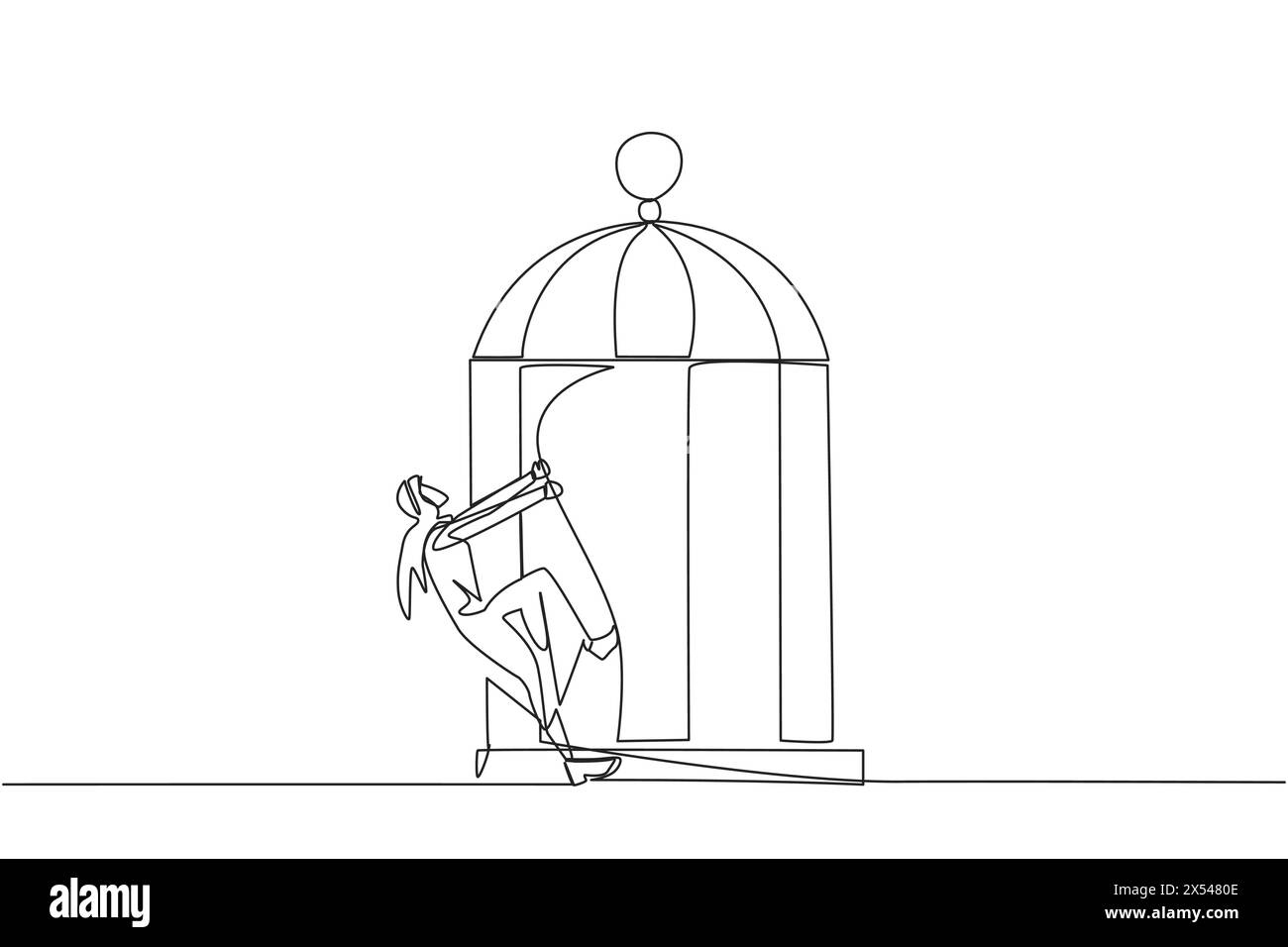 Single continuous line drawing Arabian businessman pull iron bars until ...