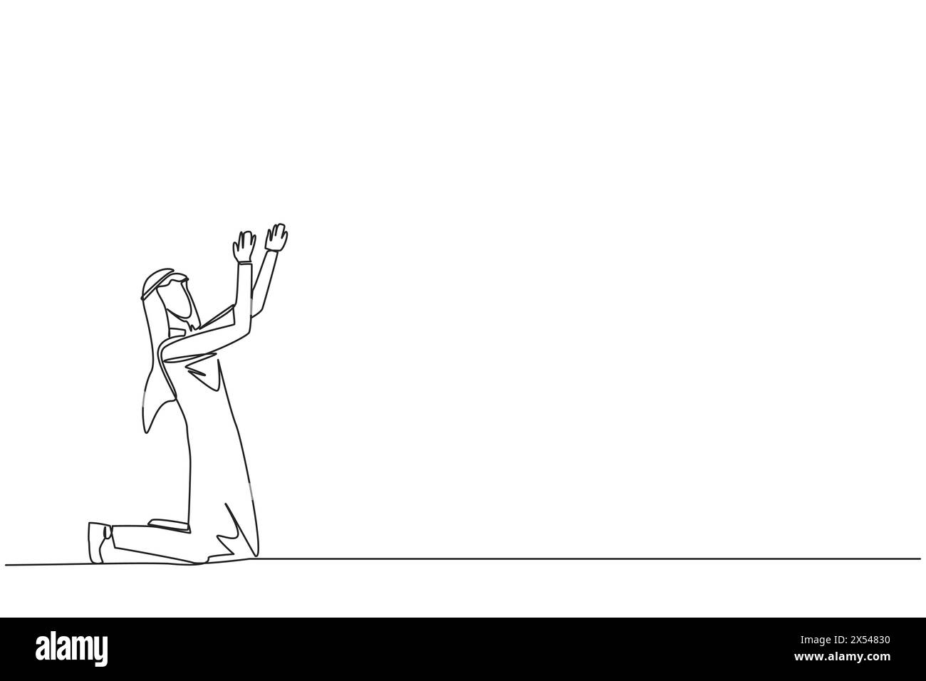 Single one line drawing Arabian businessman kneeling raising hands to ...