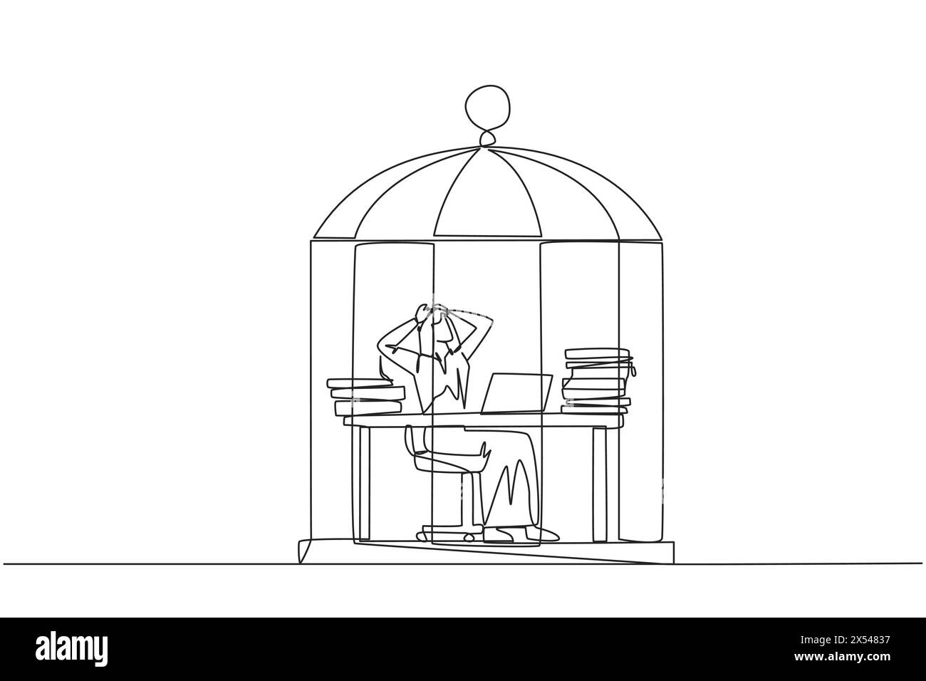 Single one line drawing Arab businessman trapped in cage sitting on ...
