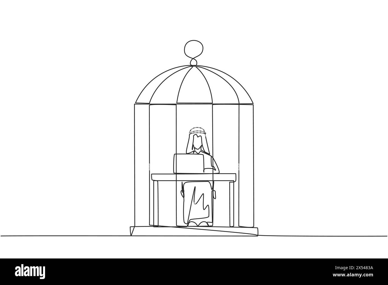 Single one line drawing Arab businessman trapped in cage sitting and ...
