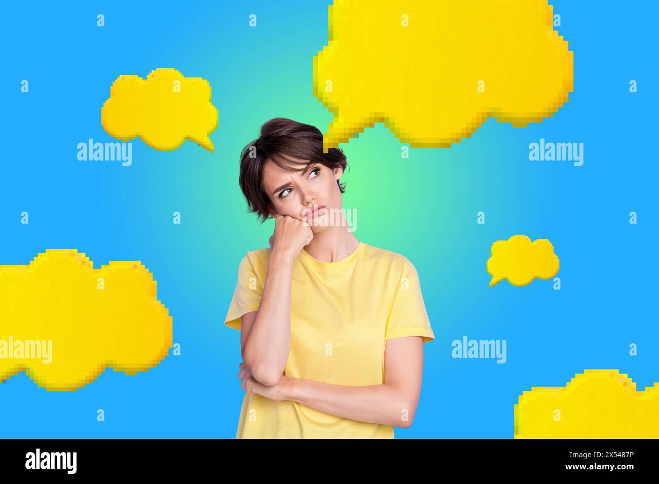 Composite photo collage of unhappy upset girl think mind bubble ...
