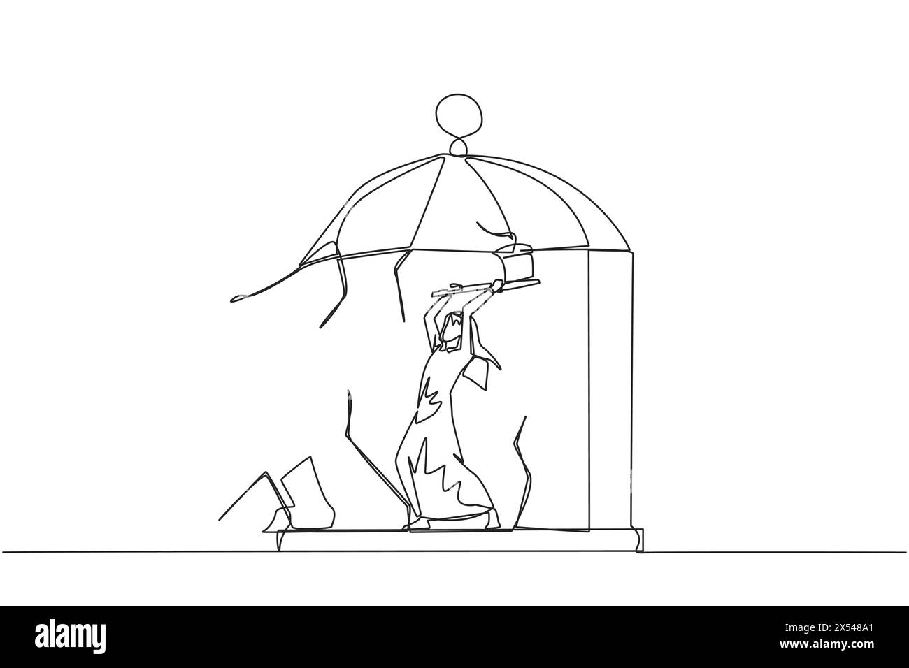 Continuous one line drawing Arab businessman trapped in cage holding an ...