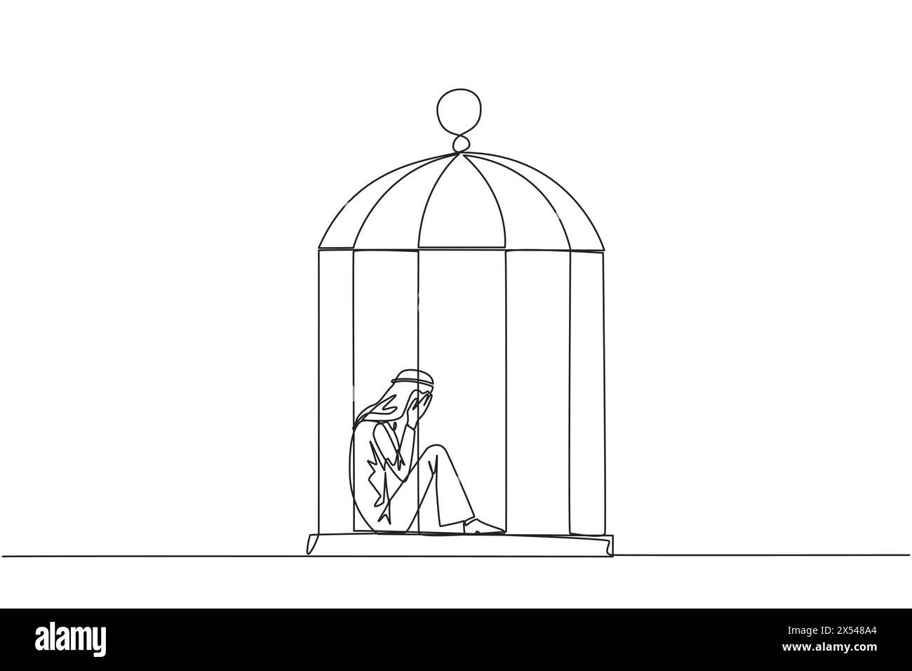 Single continuous line drawing Arab businessman trapped in the cage ...