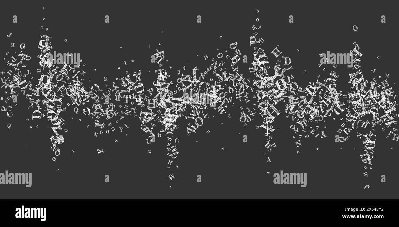 School notebook cover. White chalk floating letters of Latin alphabet ...