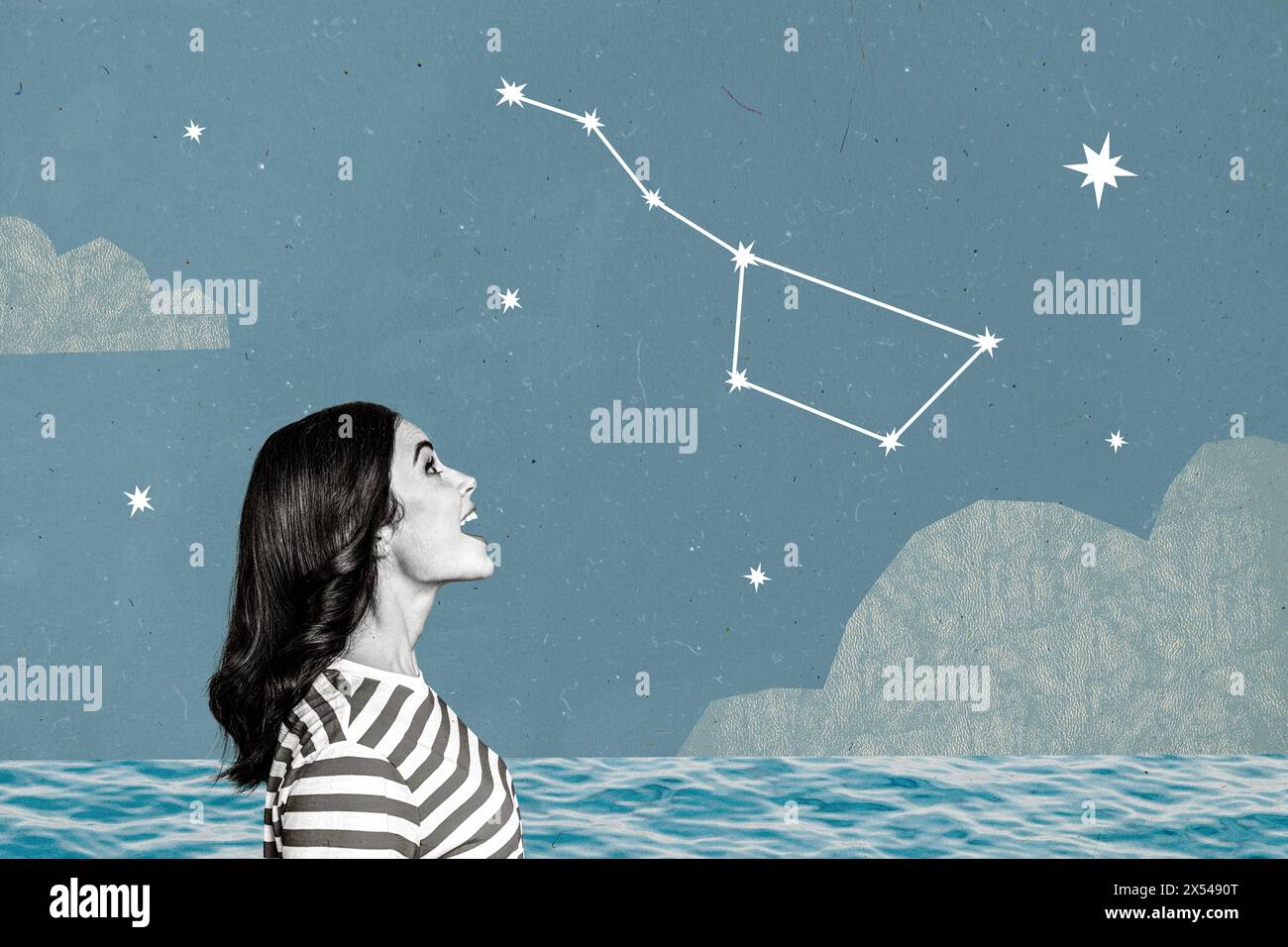 Composite photo collage of happy excited woman watch sky cassiopeia ...