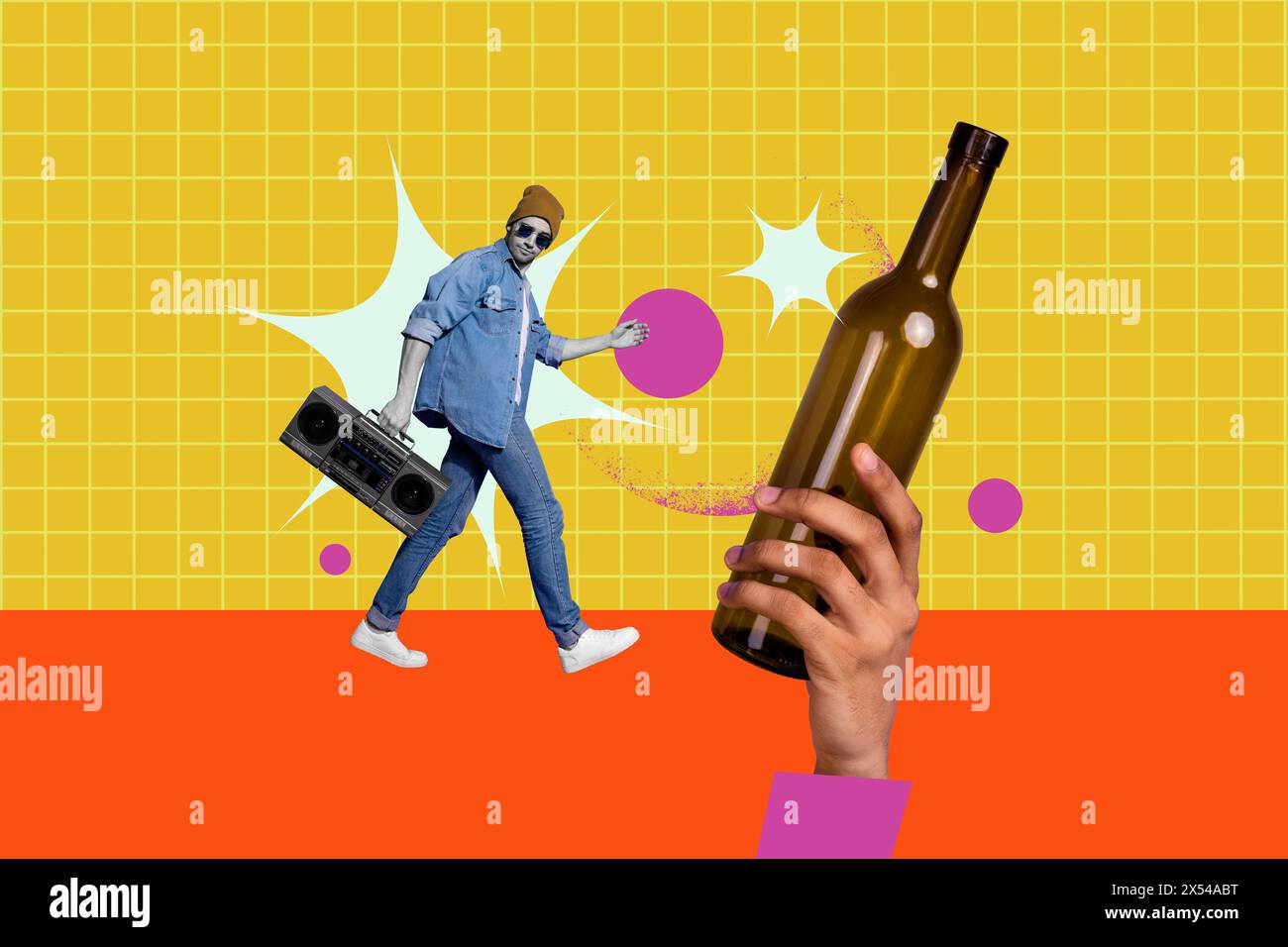 Composite photo collage of happy guy carry boombox retro party occasion ...