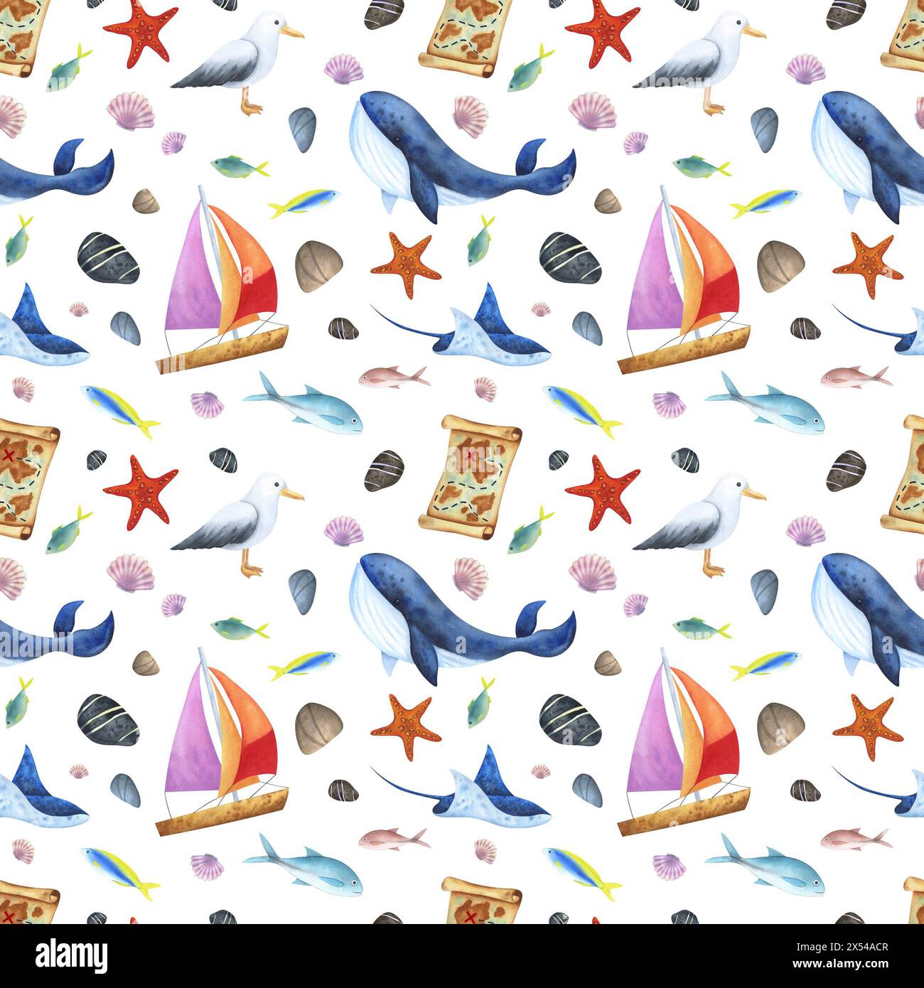 Sea animals, whale, stingray, fish, map, ship, shells, stones on a ...