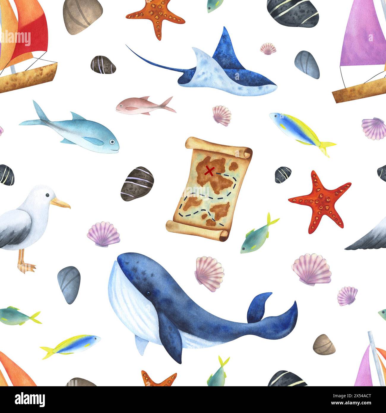 Sea animals, whale, stingray, fish, map, ship, shells, stones on a ...