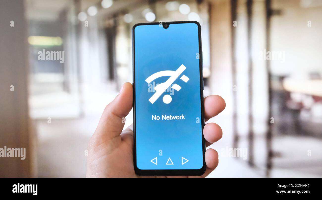 No Network Connection Warning. White male hand in front of office ...