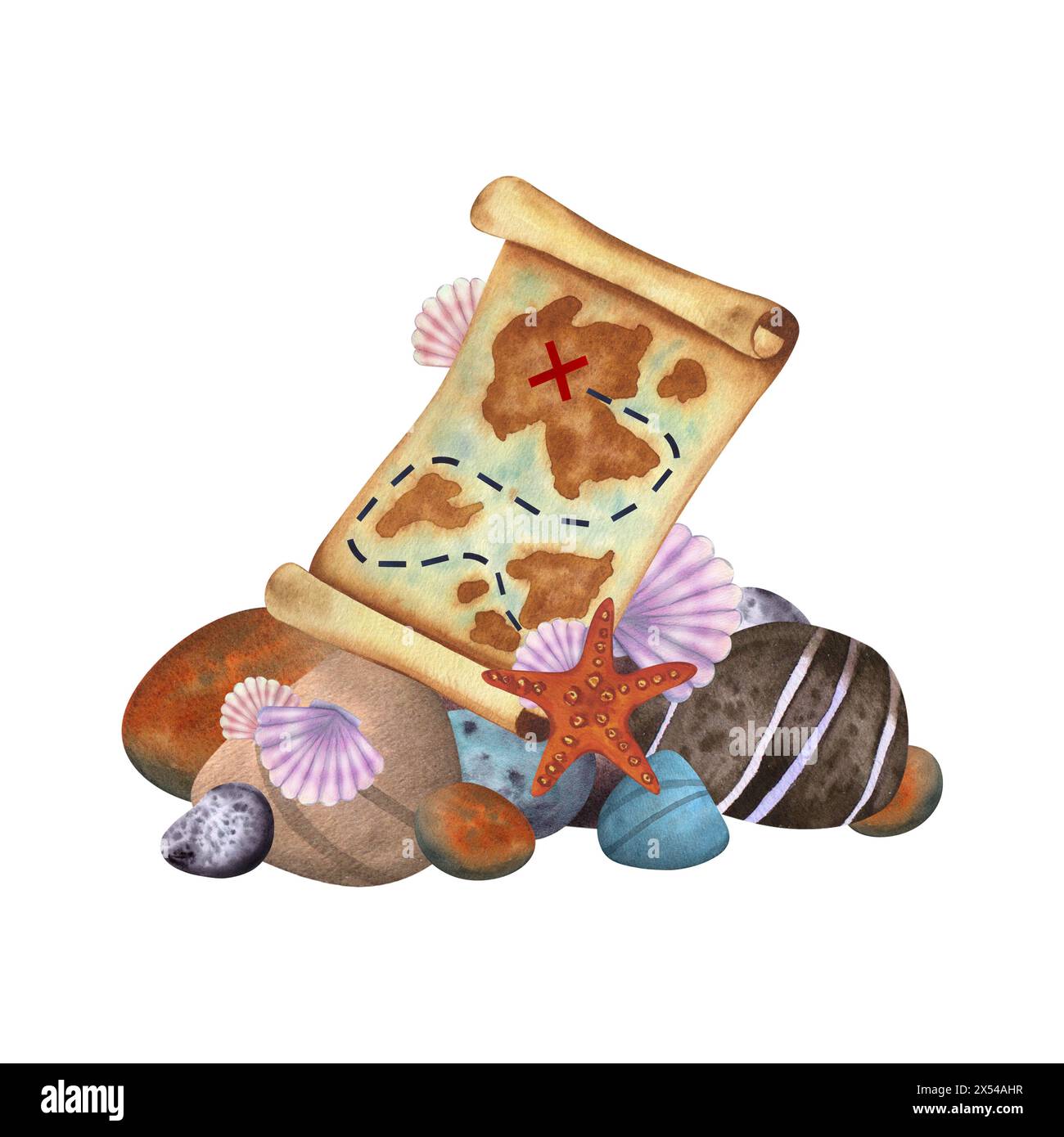 Sea stones, starfish, treasure map, shells. Watercolor illustration ...