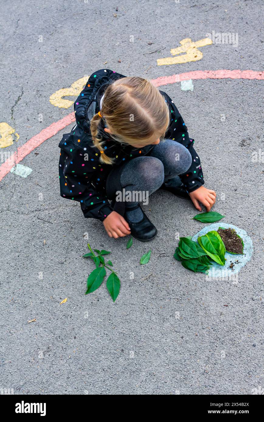 Primary school child playing with leaves outside in a school playground ...