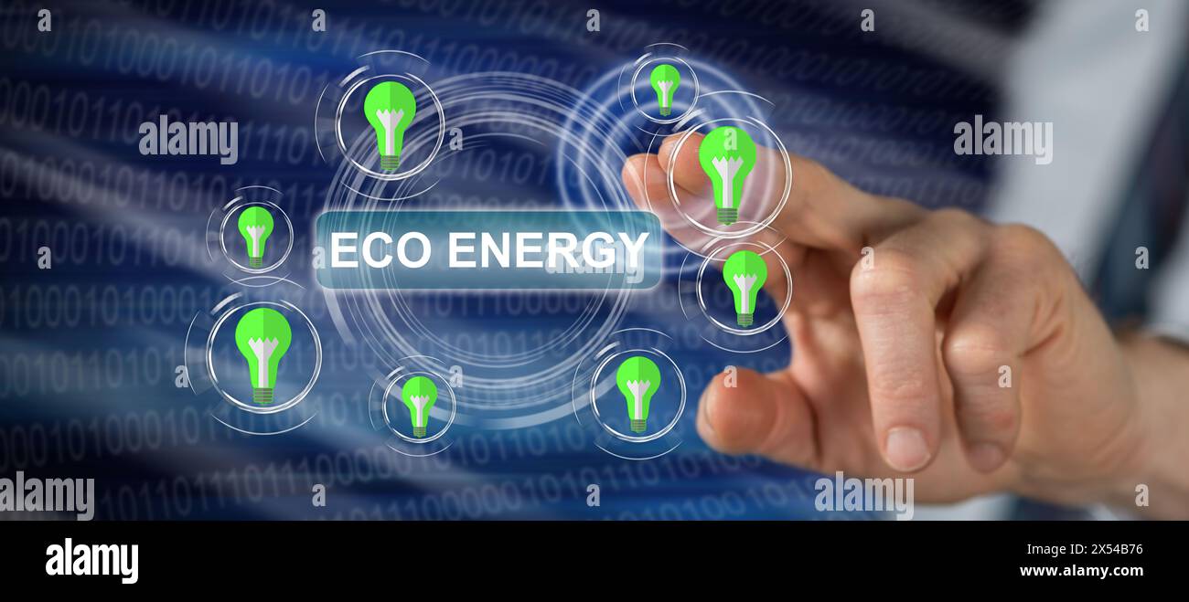 Man touching an eco energy concept on a touch screen with his finger ...