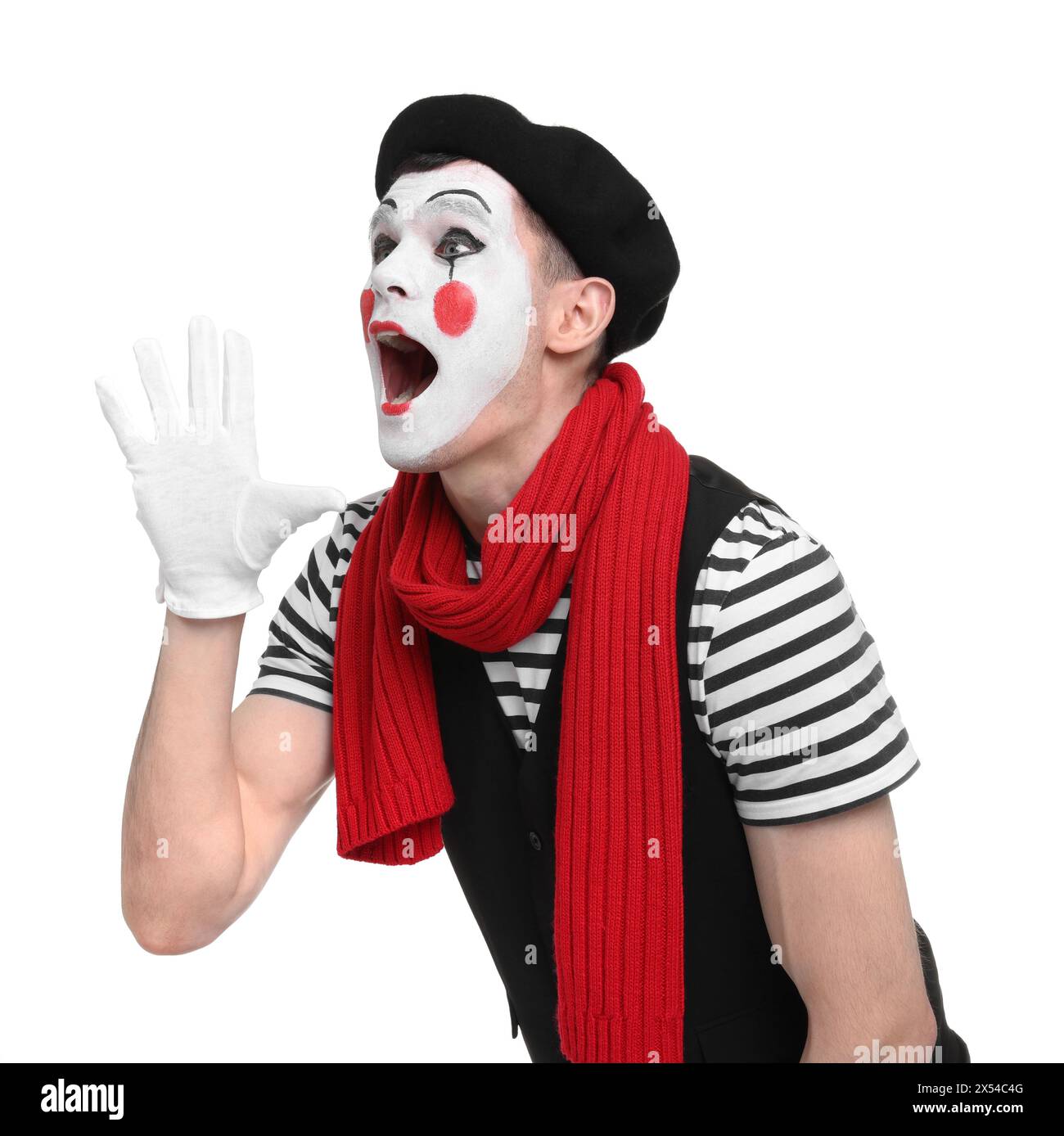 Mime artist in beret screaming on white background Stock Photo - Alamy