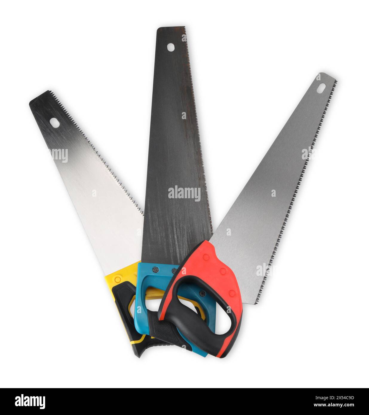 Saws with colorful handles isolated on white, top view Stock Photo - Alamy