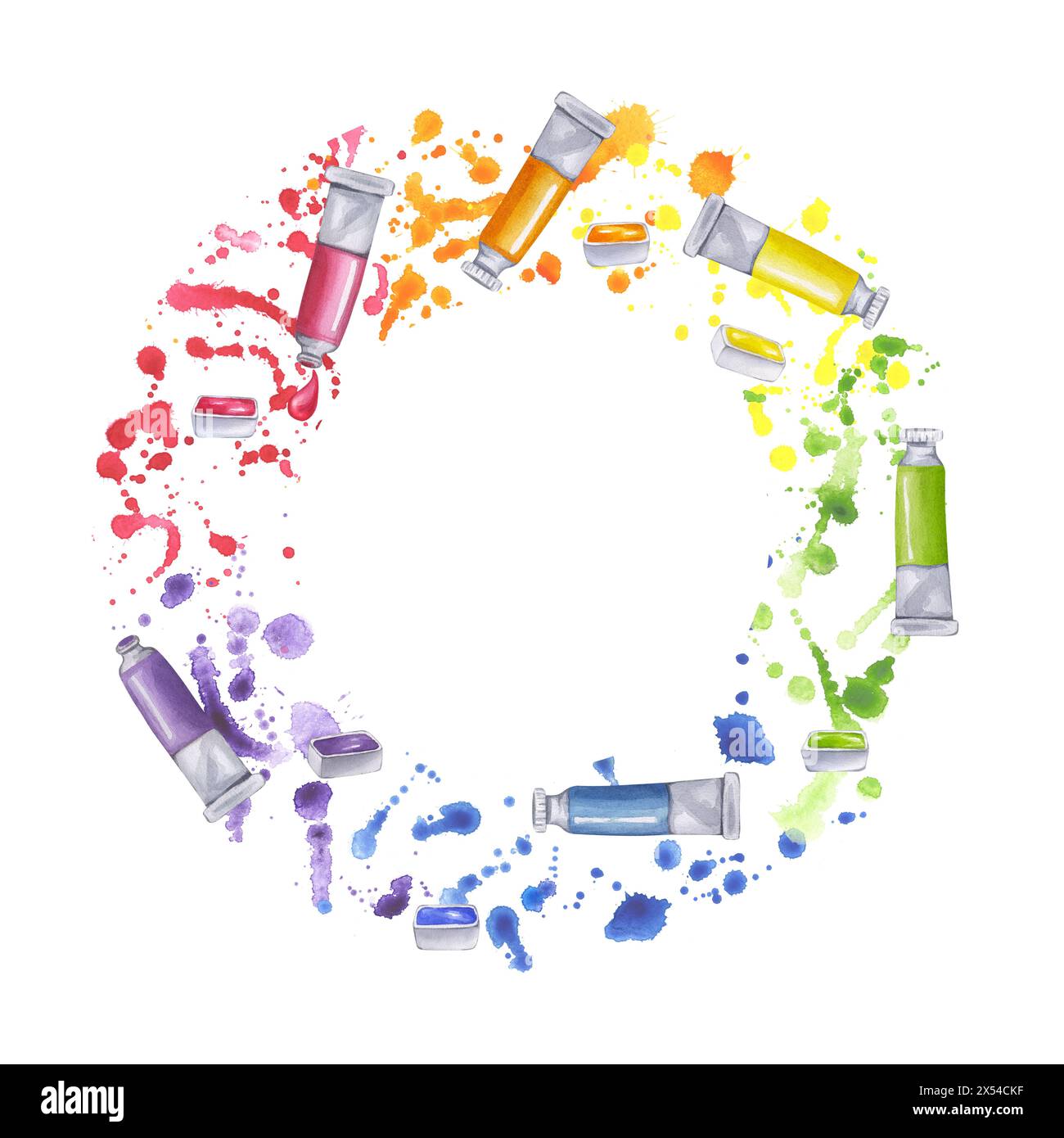 Paint tube cuvette round wreath frame. Watercolor gouache with ...