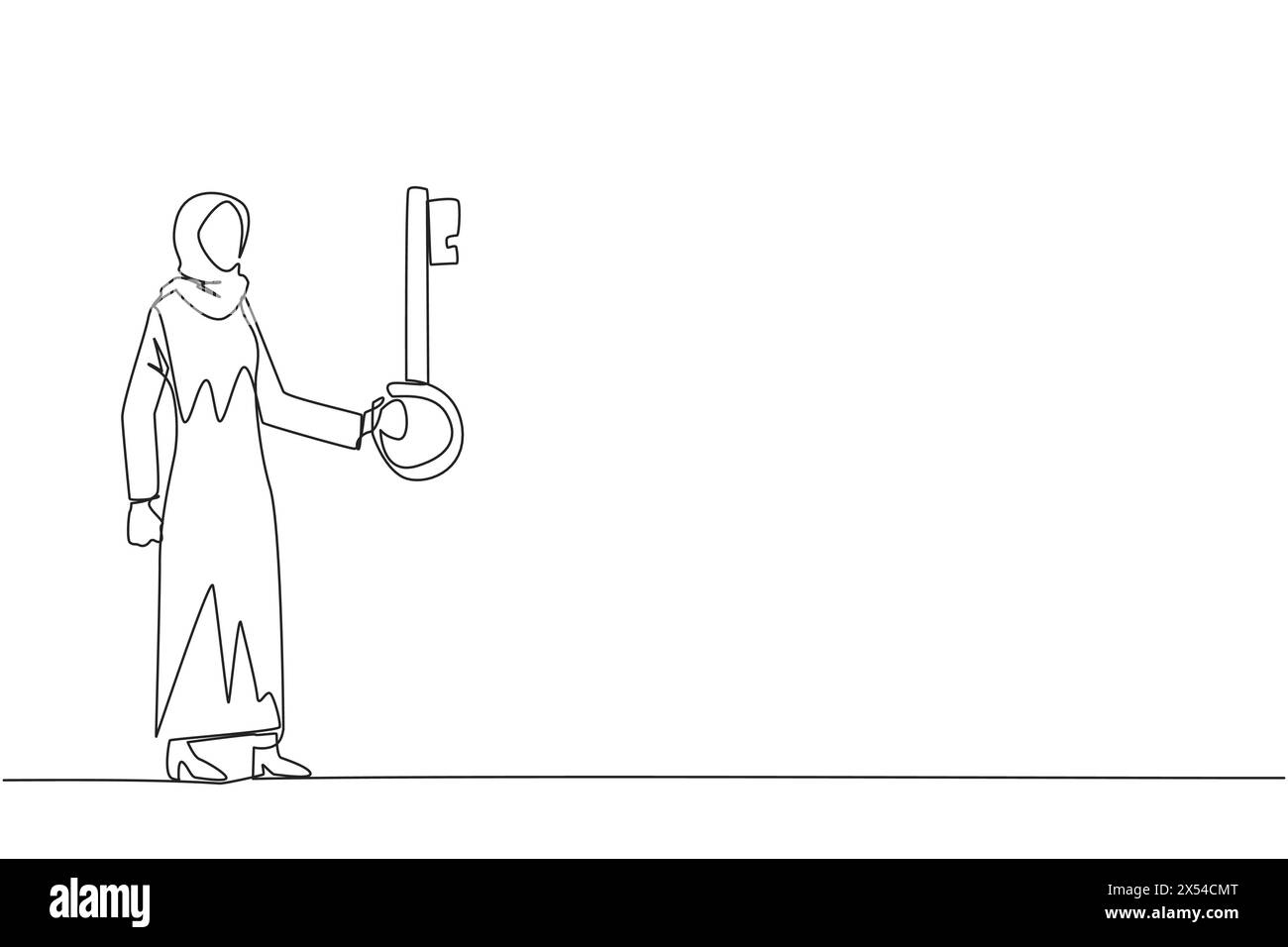Single one line drawing Arabian businesswoman holding key. Important ...
