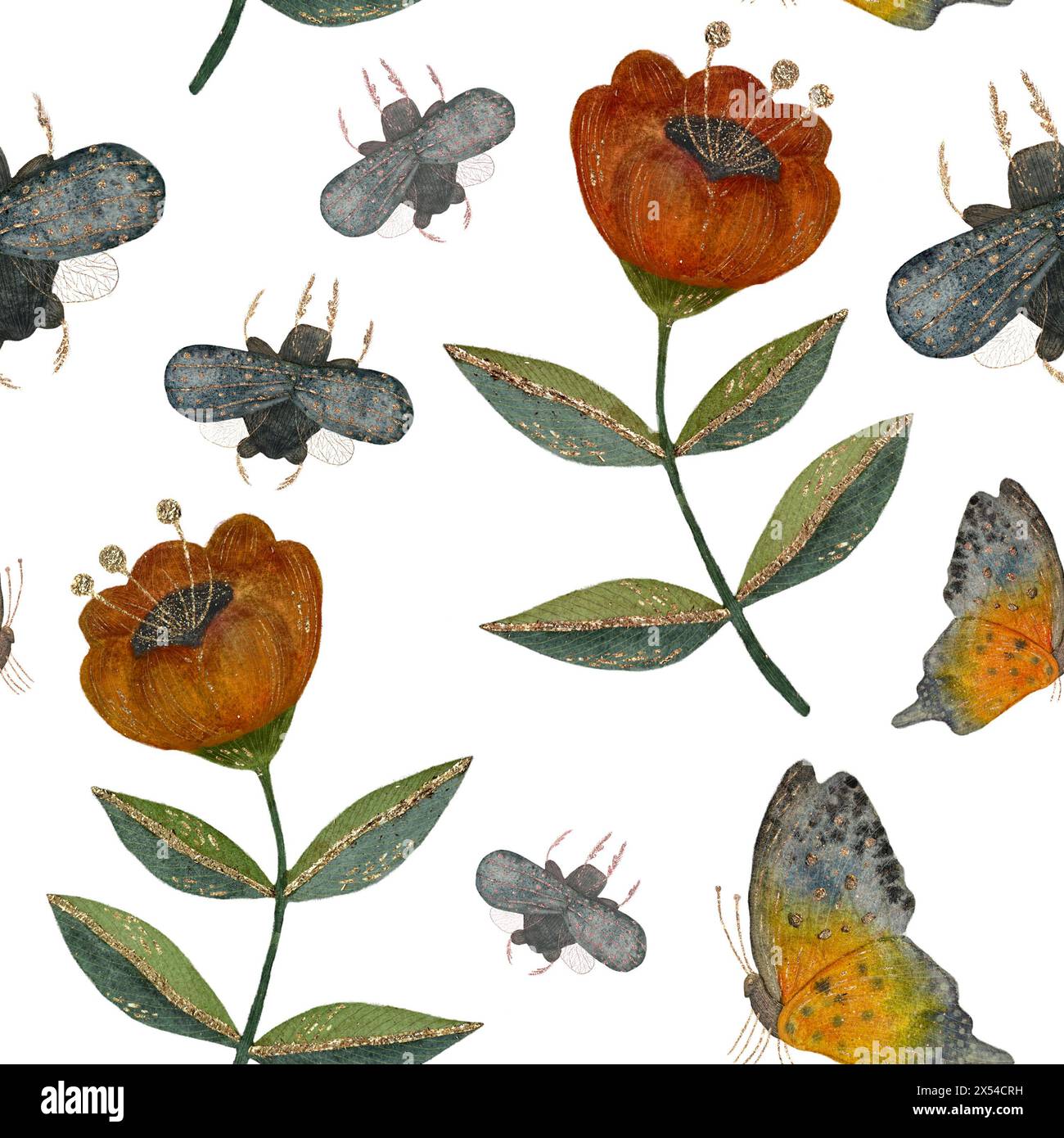 Dark red decorative flowers with green leaves, beetles and butterflies ...