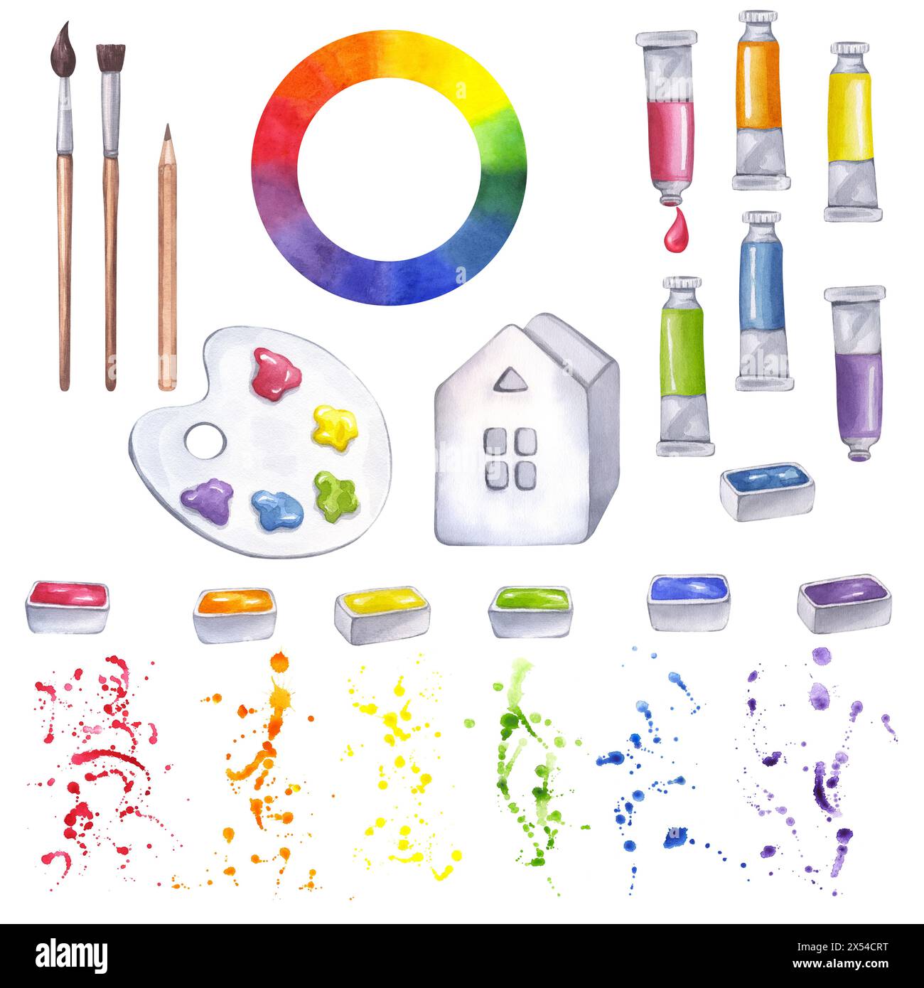 Artist's art supplies kit palette brushes paint colors pencil ...