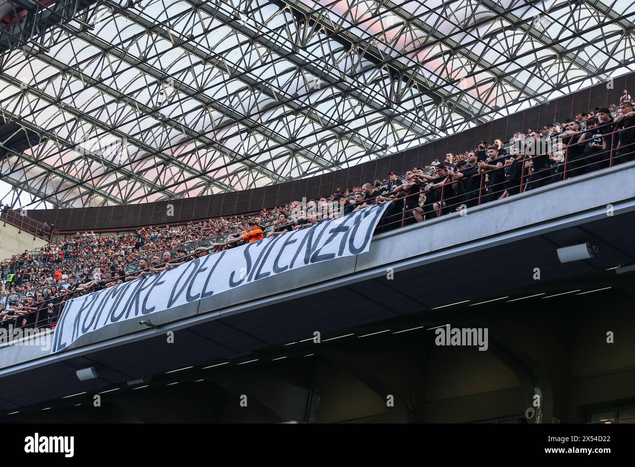 Milan, Italy. 05th May, 2024. A detailed view of a protest banner left ...