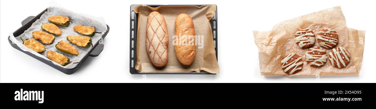 Collage of baking paper with baked food on white background Stock Photo ...
