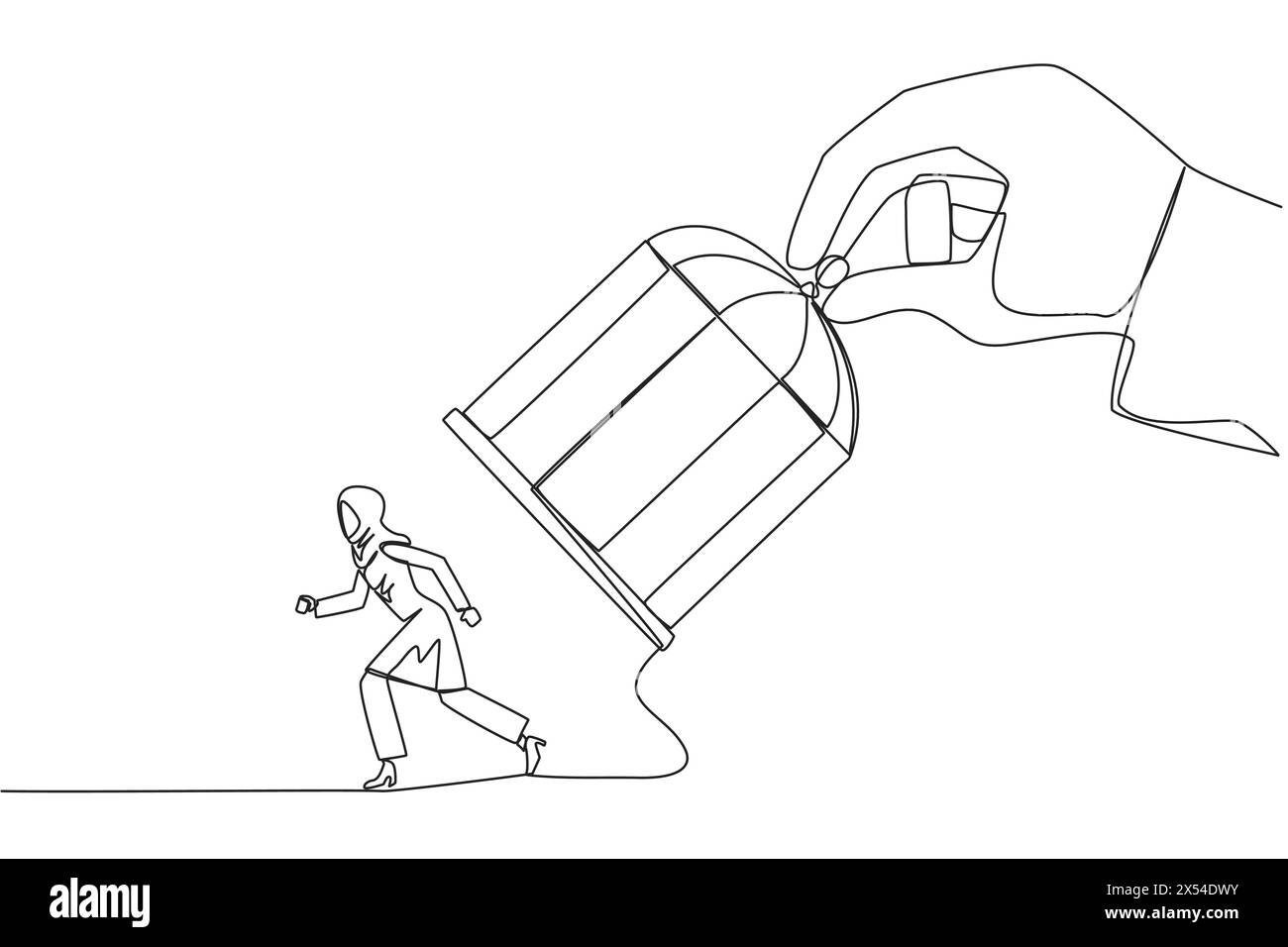 Continuous one line drawing big hand holds iron cage, catch Arab ...