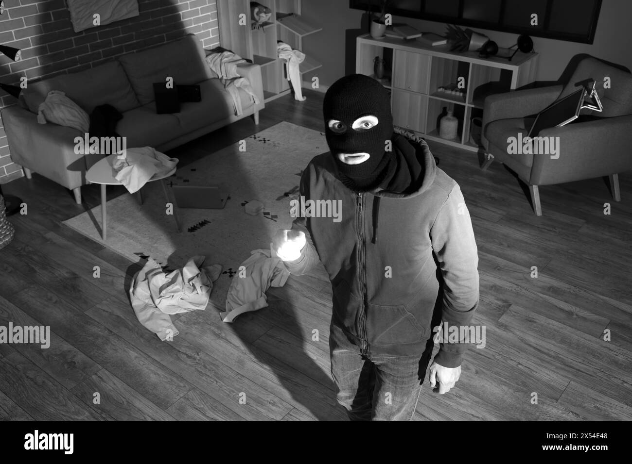 Male thief with flashlight in room at night, view through security ...