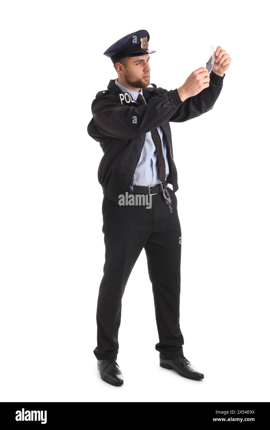 Male police officer with evidence on white background Stock Photo - Alamy