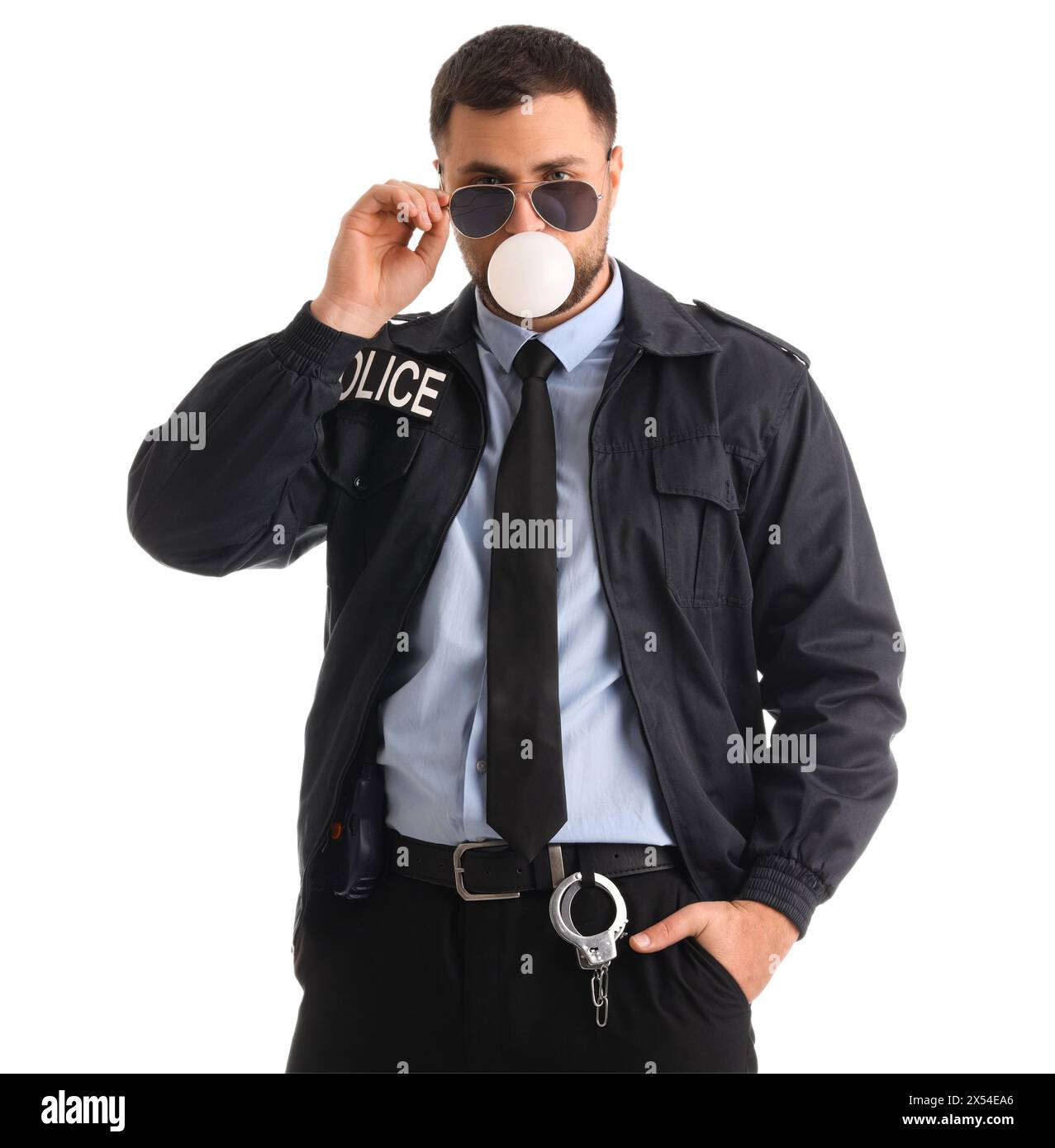Male police officer blowing bubble gum on white background Stock Photo ...