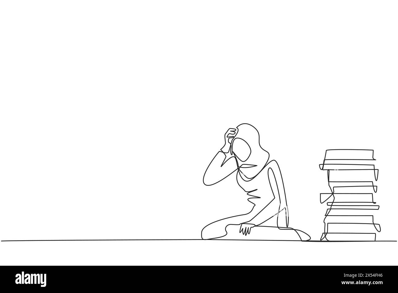 Single continuous line drawing Arabian businesswoman sitting near piles ...