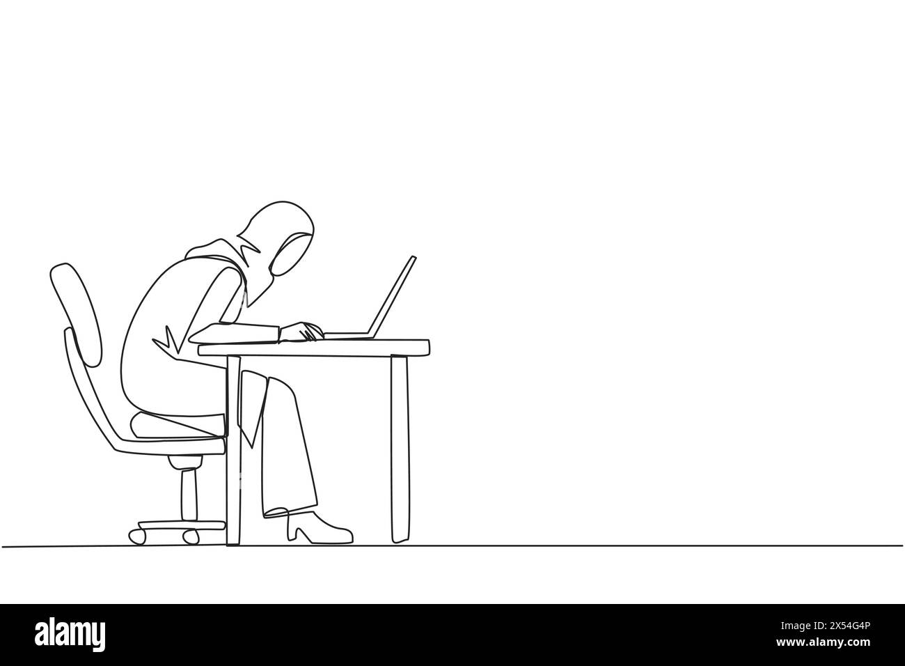 Single one line drawing Arabian businesswoman sitting and typing on ...