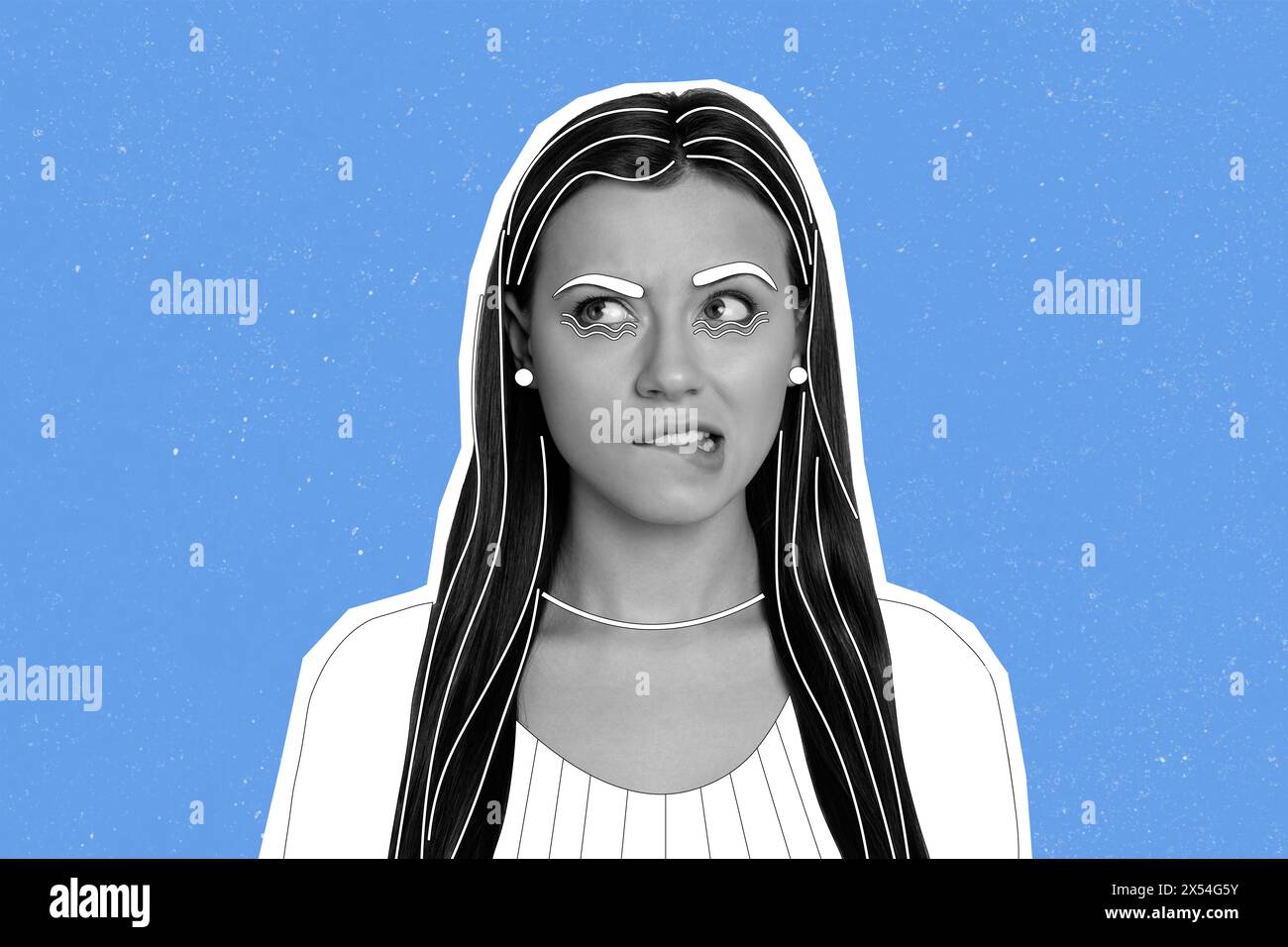 Creative collage picture young girl dreamy thoughtful face expression ...