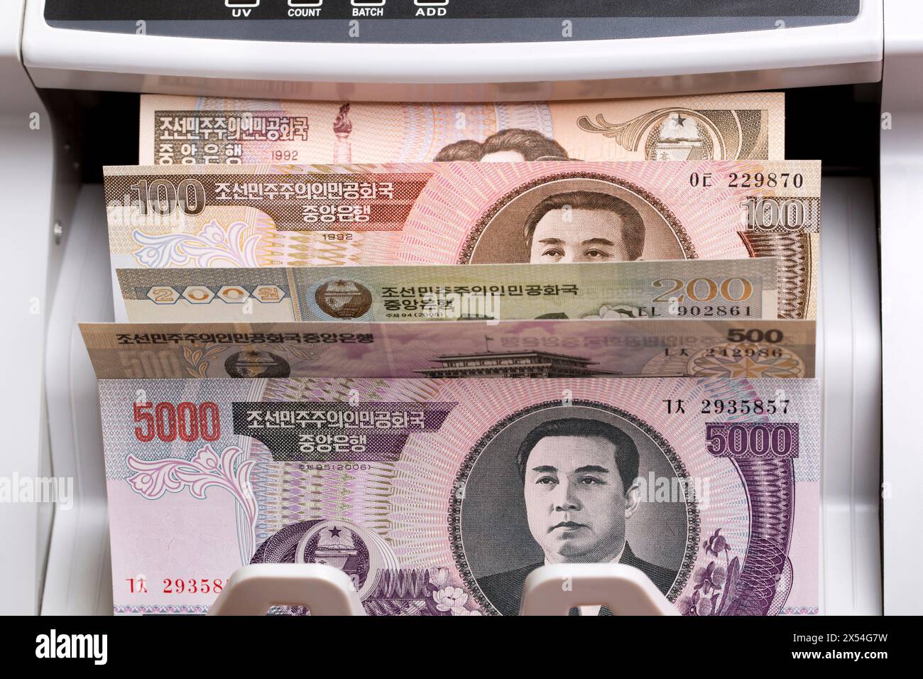 North Korean money - Won in a counting machine Stock Photo - Alamy