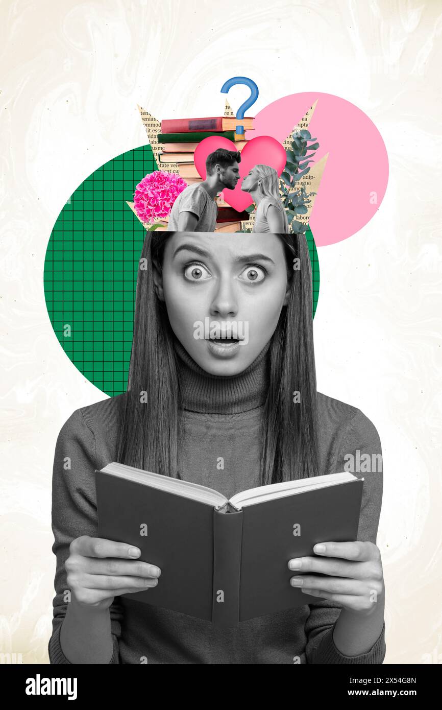 Vertical photo collage of shocked girl book cut head plot characters ...