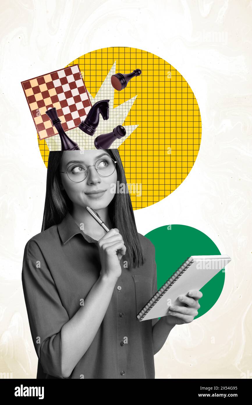 Vertical collage picture young thoughtful girl pen paperbook think plan ...