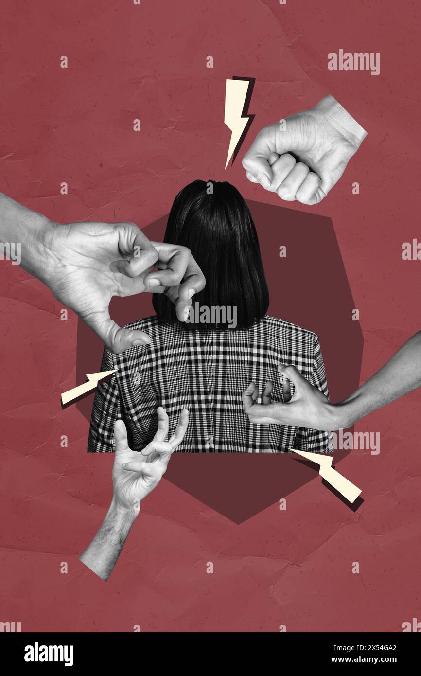 3D photo collage image of young lady stand back incognito person huge ...